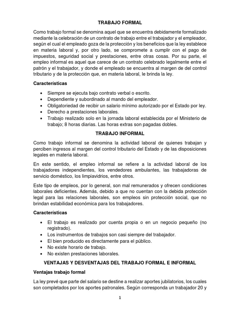 Trabajo Formal e Informal: Ventajas y Desventajas | PDF | Subempleo ...