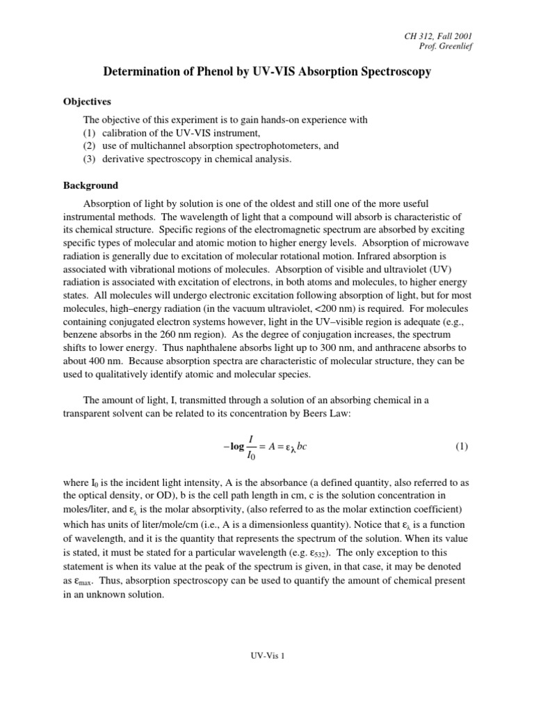 UV VIS Phenol Lab | PDF | Absorption Spectroscopy | Ultraviolet–Visible ...
