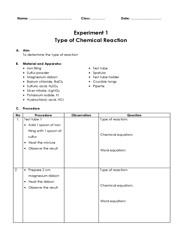 Experiment - Type of Chemical Reaction | PDF