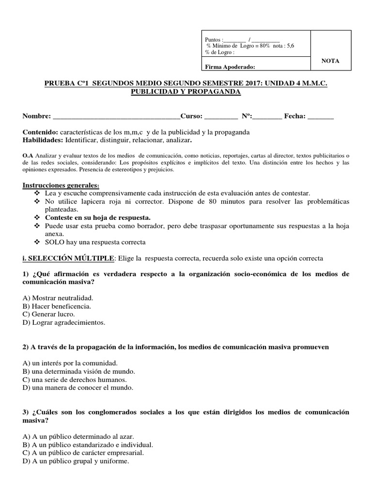 Prueba Segundo Medio Publicidad y Propaganda 2017 | PDF | Medios de ...
