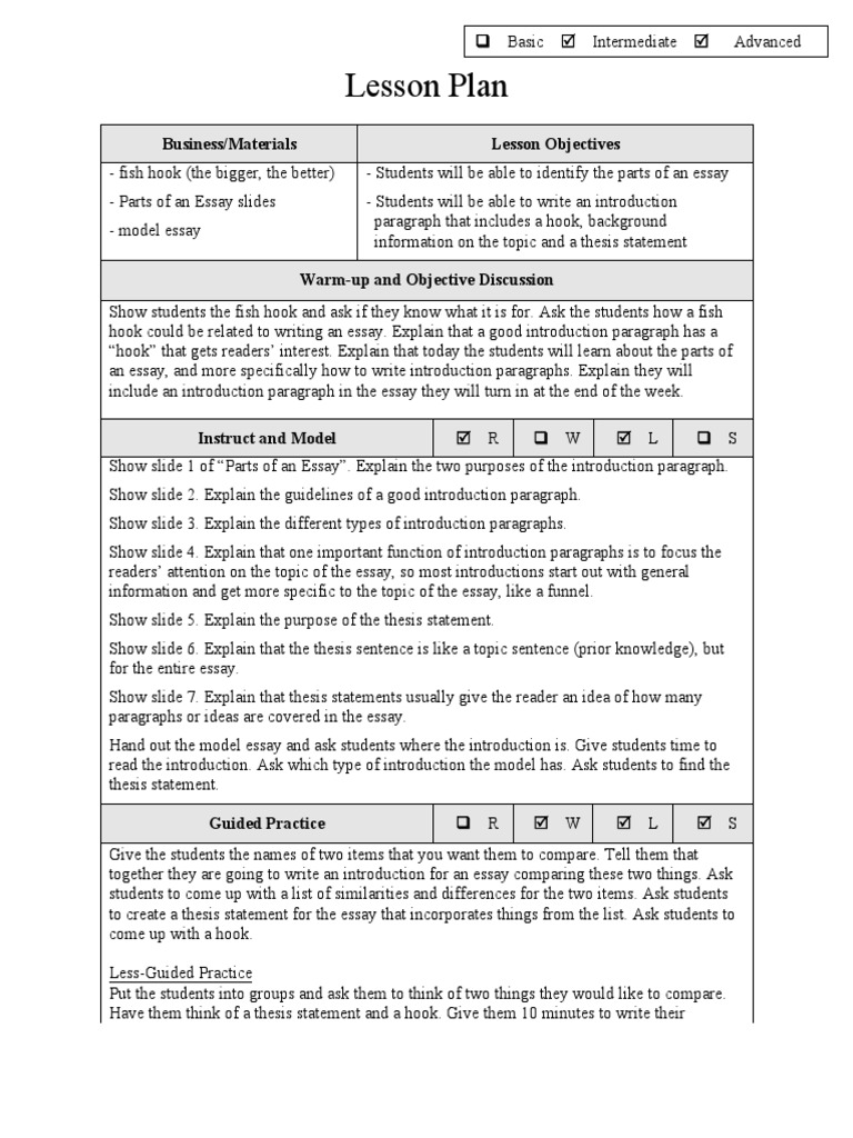 Lesson Plan: Business/Materials Lesson Objectives | PDF | Essays ...