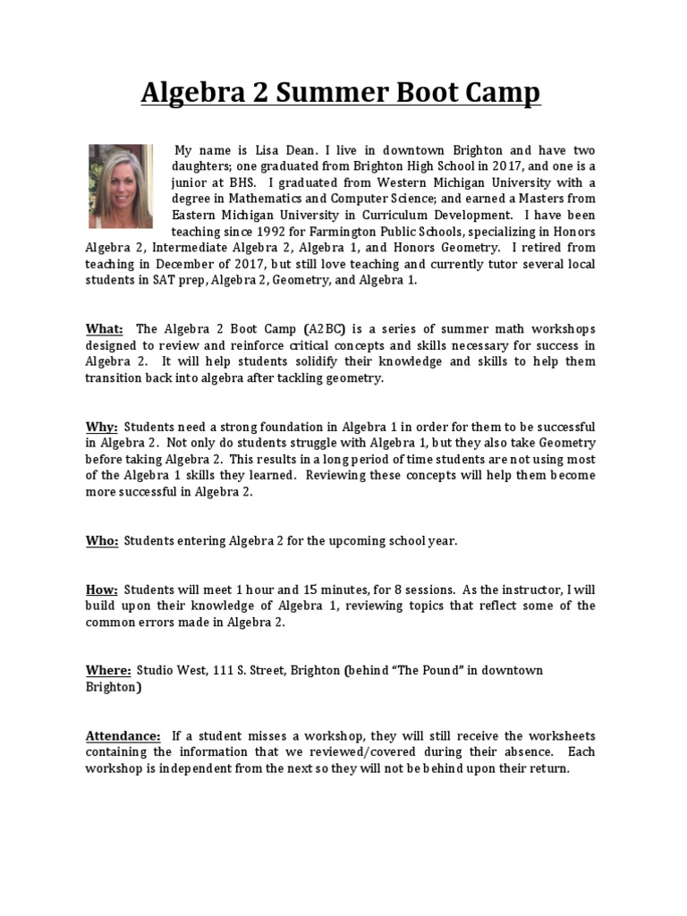 Algebra 2 Summer Boot Camp 2018 | PDF | Students | Behavior Modification