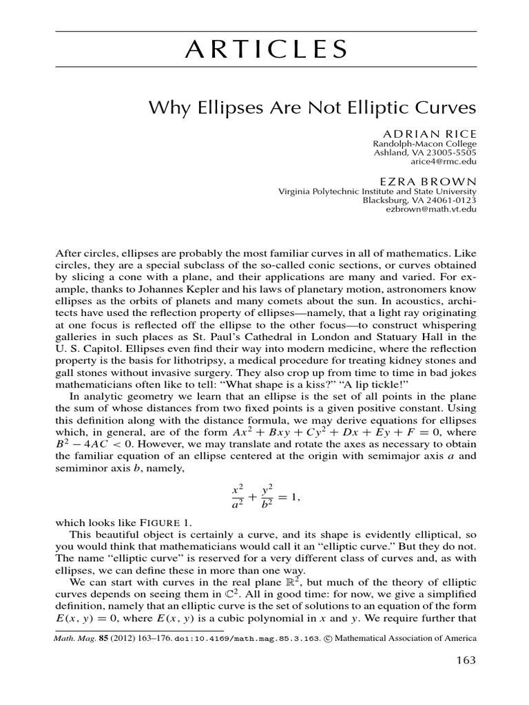 From Ellipses to Elliptic Curves: Exploring the Historical Connection ...