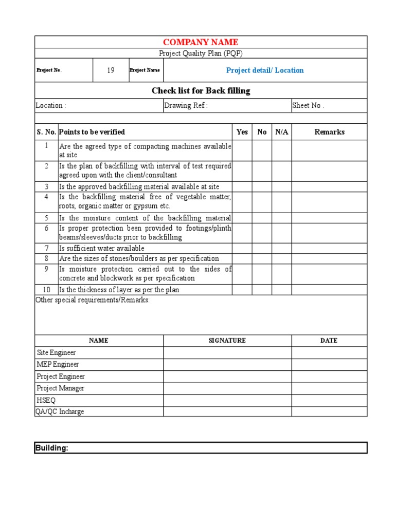Project Quality Checklist for Backfilling | PDF