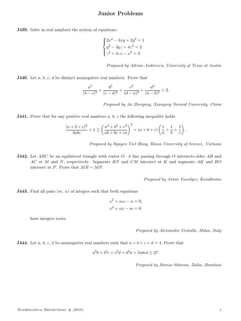Junior Problems: Mathematical Reflections (2018) 1 | Download Free PDF ...