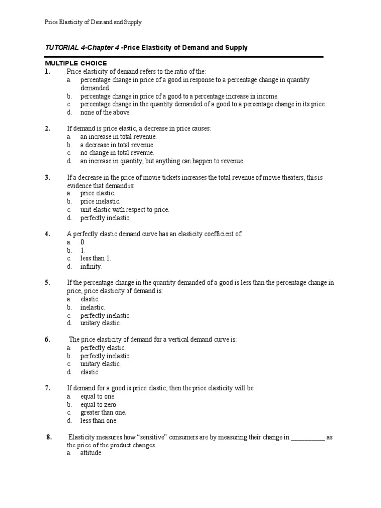 Tutorial 4-Chapter 4-Elasticity of DD & Ss | Download Free PDF | Price Elasticity Of Demand | Demand