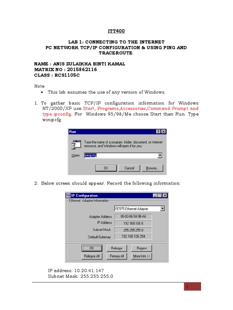 Itt300 - Lab1 | PDF | Ip Address | Computer Network