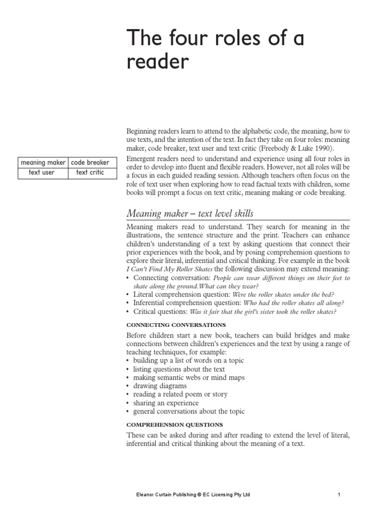 The Four Roles of A Reader | PDF | Reading Comprehension | Syllable