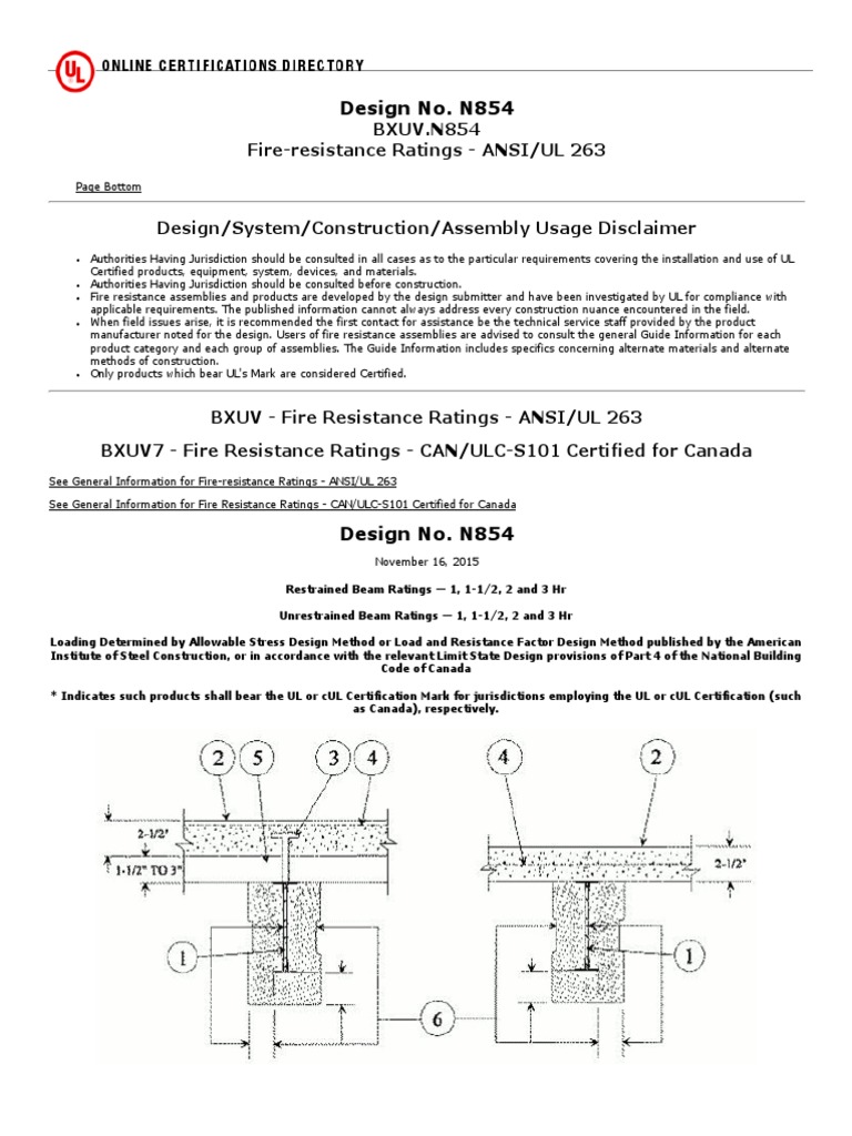 Design No. N854: BXUV.N854 Fire-Resistance Ratings - ANSI/UL 263 | PDF ...