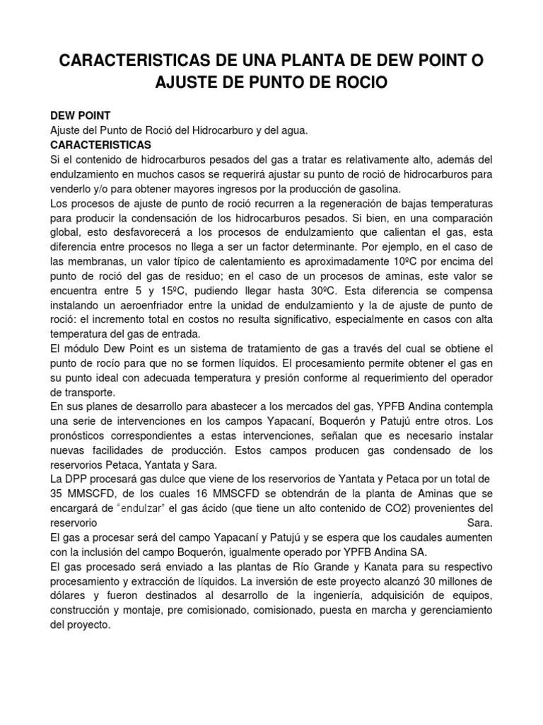 Caracterisitcas de Una Planta de Dew Point o Ajuste de Punto de Rocio ...