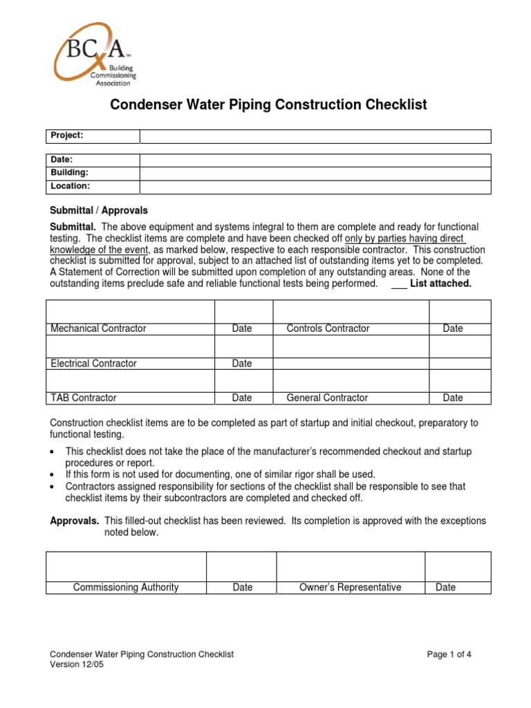 Condenser Water Piping Construction Checklist: Project: Date: Building ...