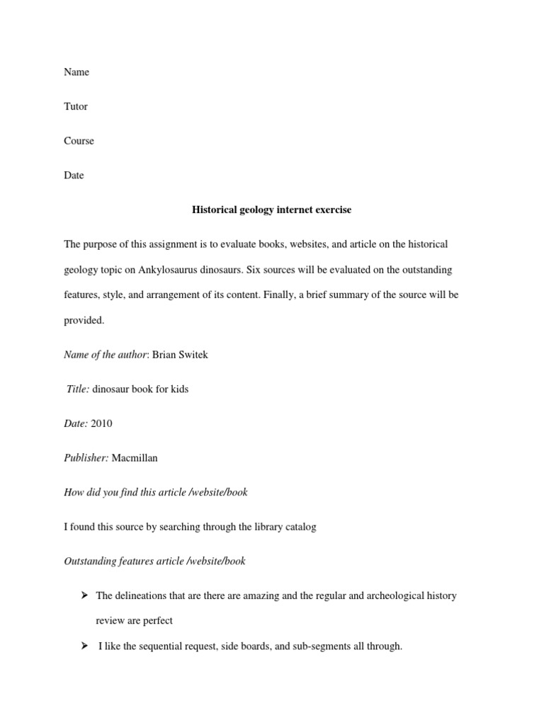 Historical Geology Internet Exercise: Name of The Author: Brian Switek ...