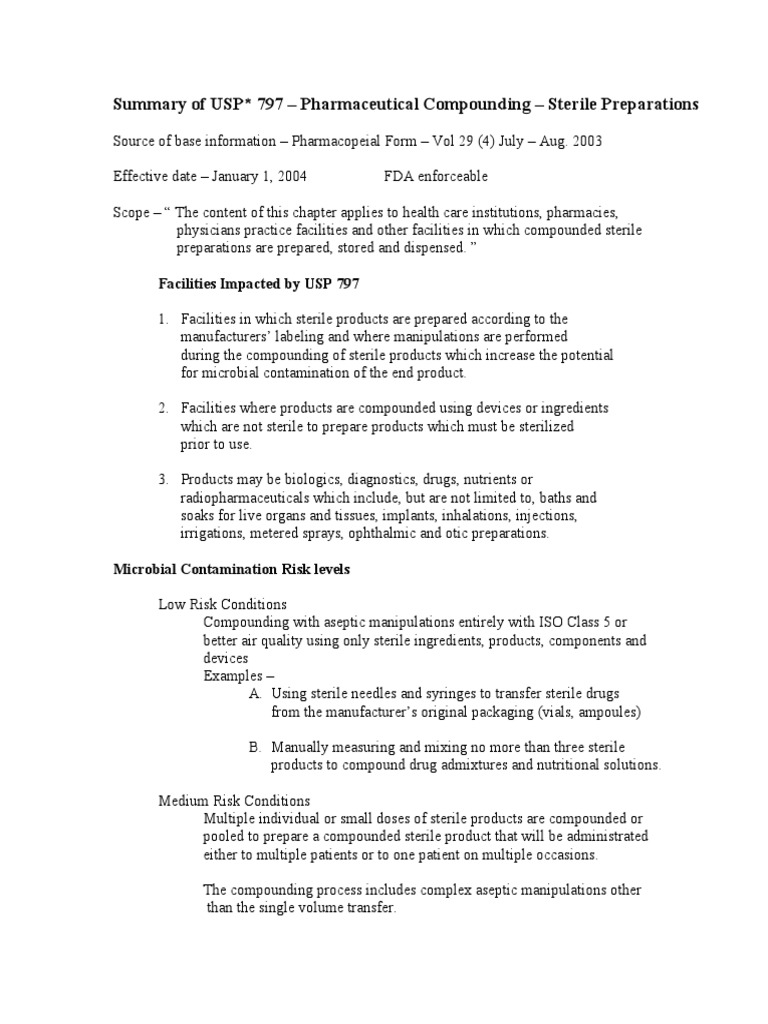 Summary of USP 797 - Pharmaceutical Compounding - Sterile Preparations ...
