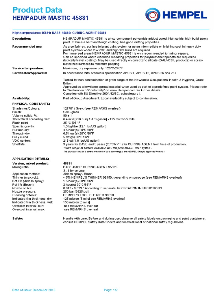 Hempel Hempadur Mastic 45881 Data Sheet | PDF | Paint | Abrasive