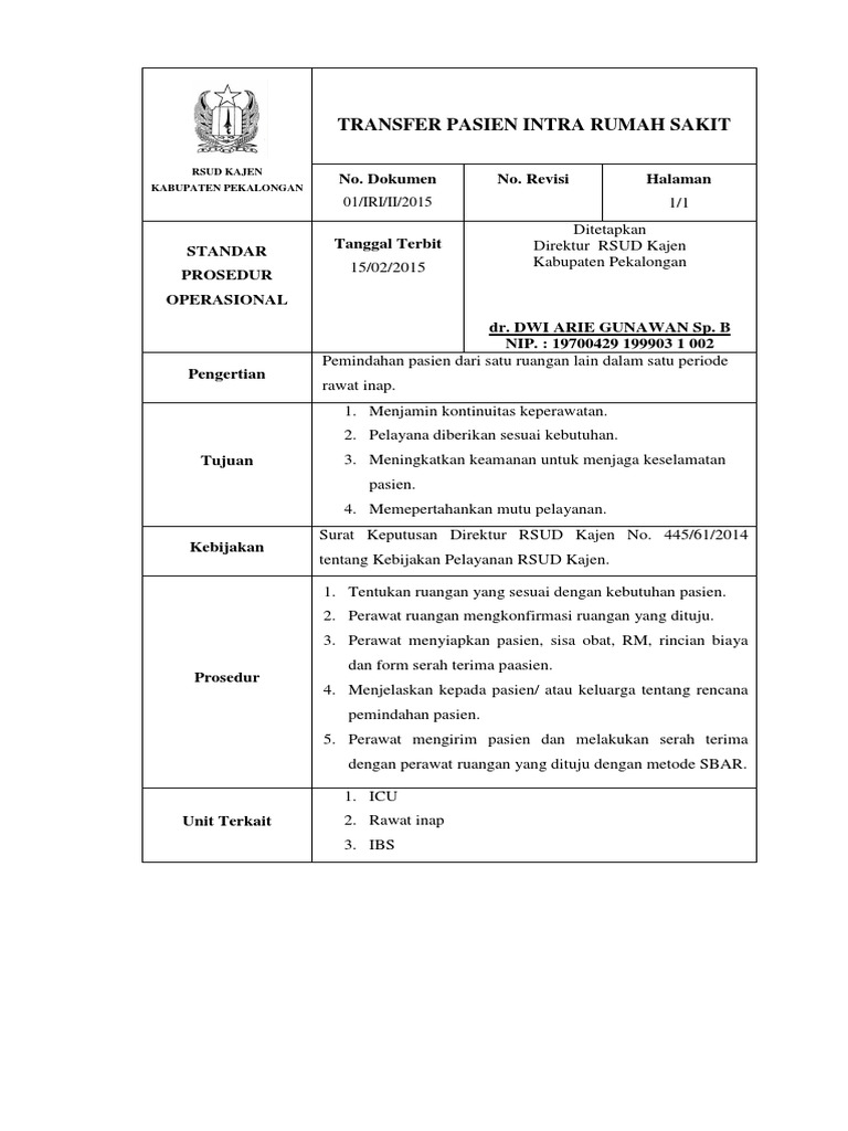 Spo Transfer Pasien Intra Rumah Sakit | PDF