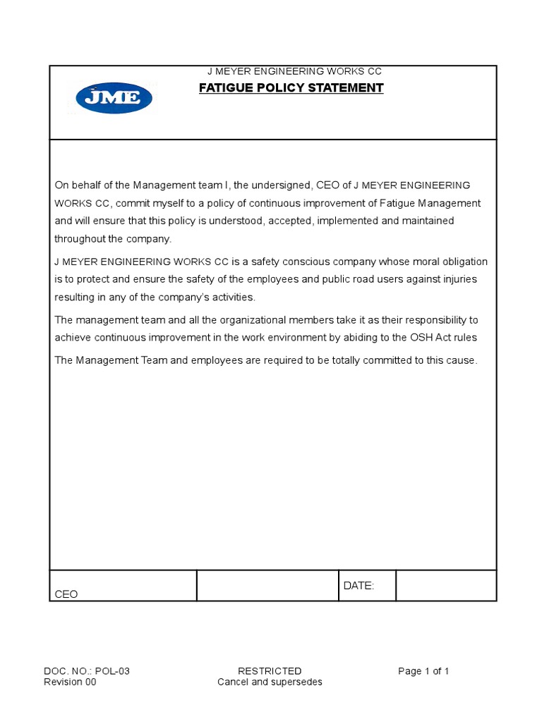 Pol-03 Fatigue Policy | PDF