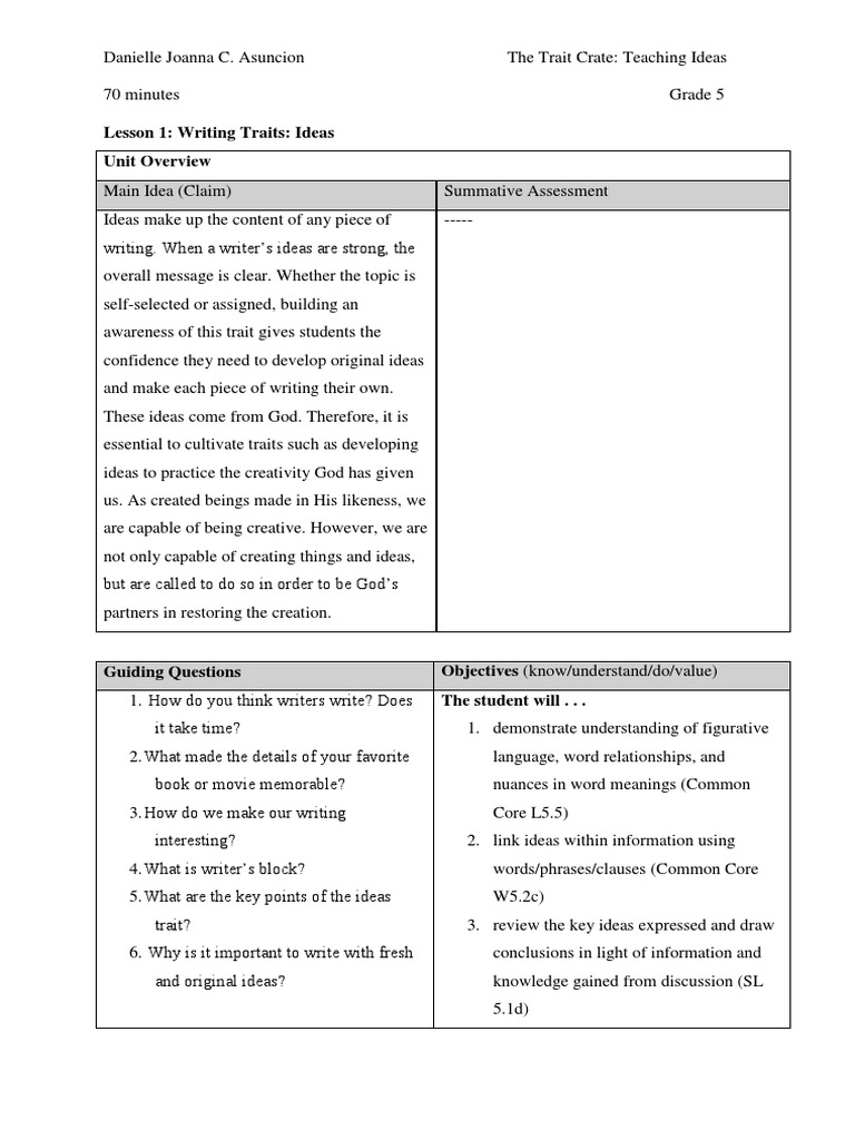 Lesson 1: Writing Traits: Ideas Unit Overview | PDF | Creativity ...