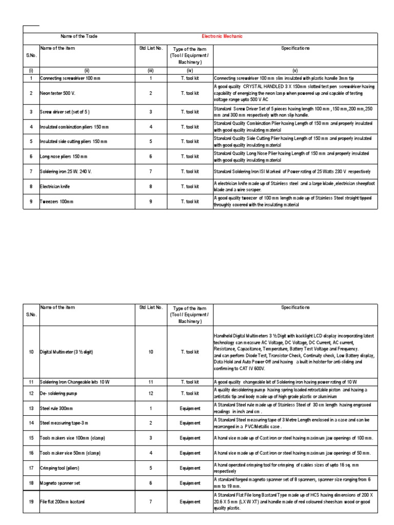 Em Tools Machinary Specifications | PDF | Electrical Connector | Power ...