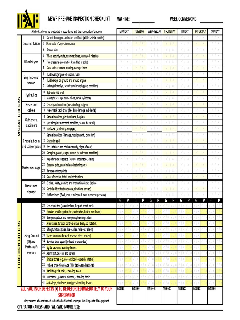 MEWP Pre-Use Inspection Checklist | PDF | Tire | Mechanical Engineering