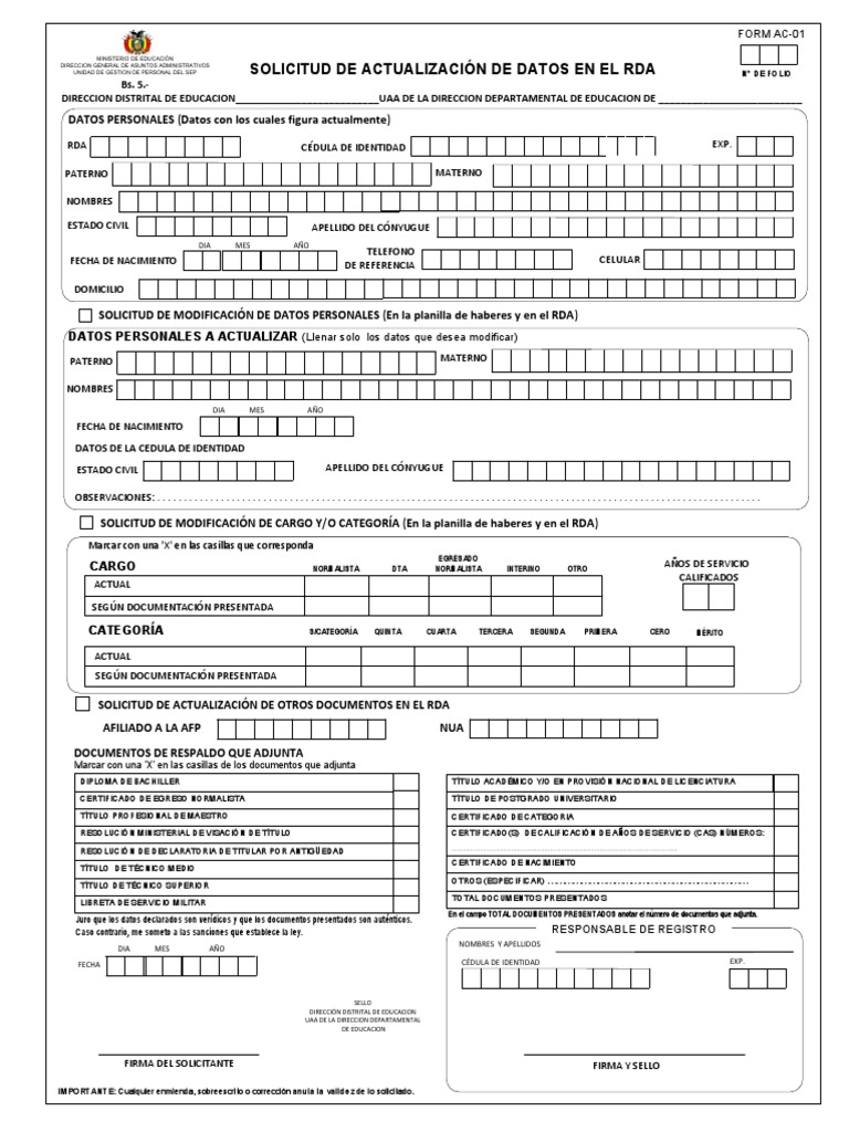 Formulario AC01 RDA | PDF | Gobierno