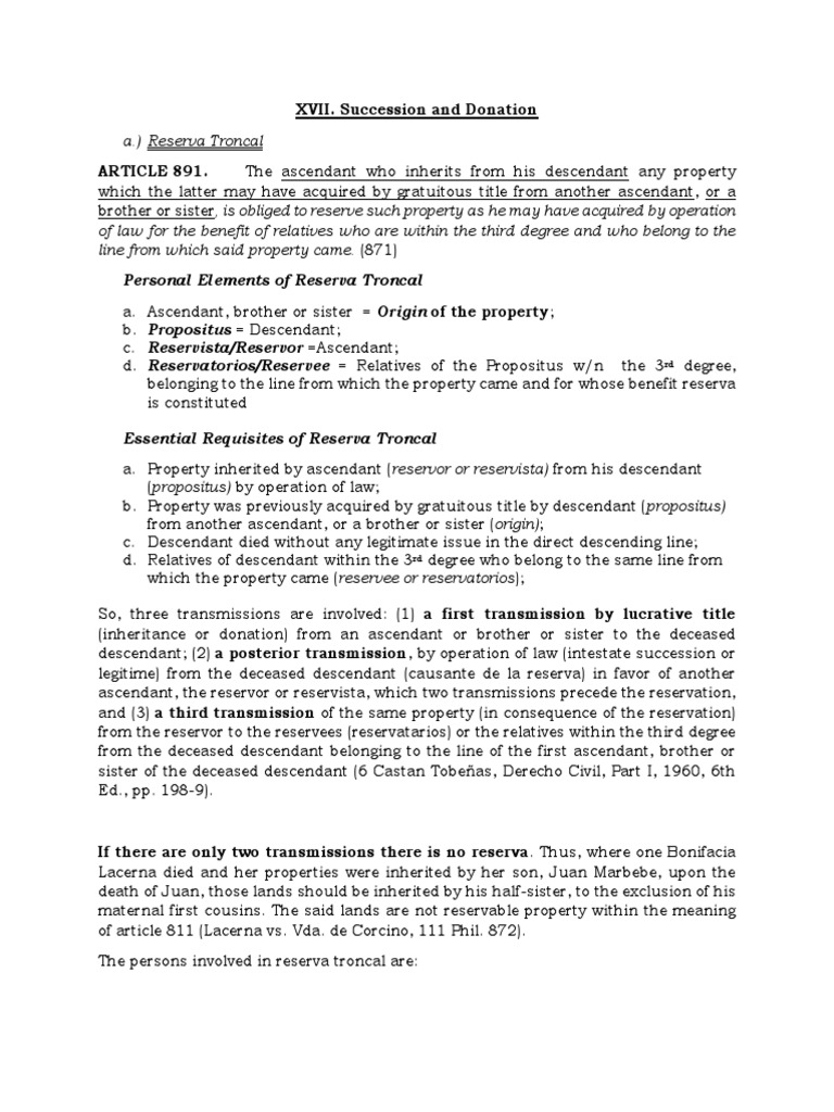 A.) Reserva Troncal: XVII. Succession and Donation | PDF | Guarantee ...