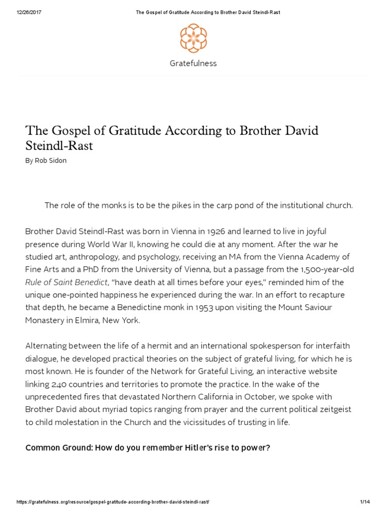 The Gospel of Gratitude According To Brother David Steindl-Rast | PDF ...