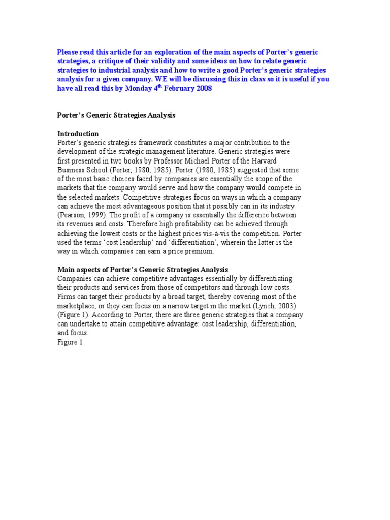 Porter's Generic Strategies Analysis | PDF | Strategic Management ...