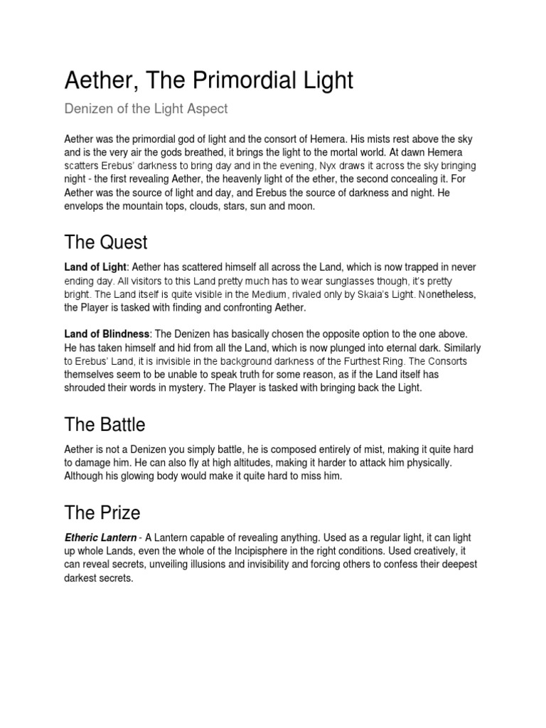 Aether, The Primordial Light (Denizen) | PDF | Darkness | Light