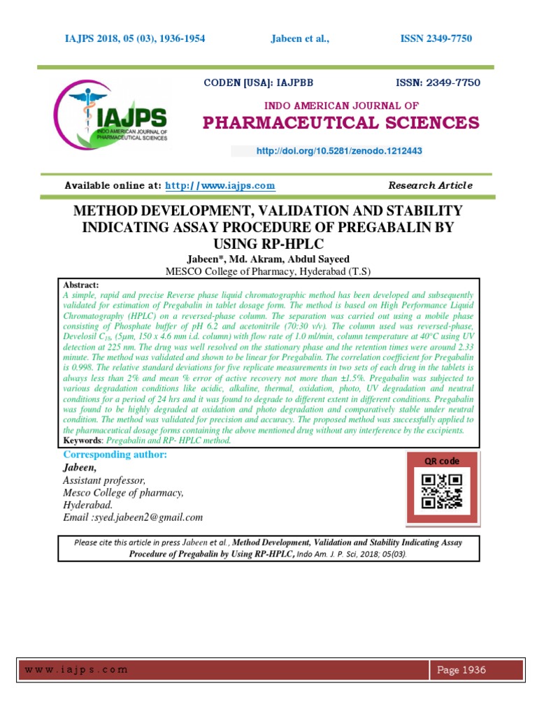 Method Development, Validation and Stability Indicating Assay Procedure of Pregabalin by Using ...