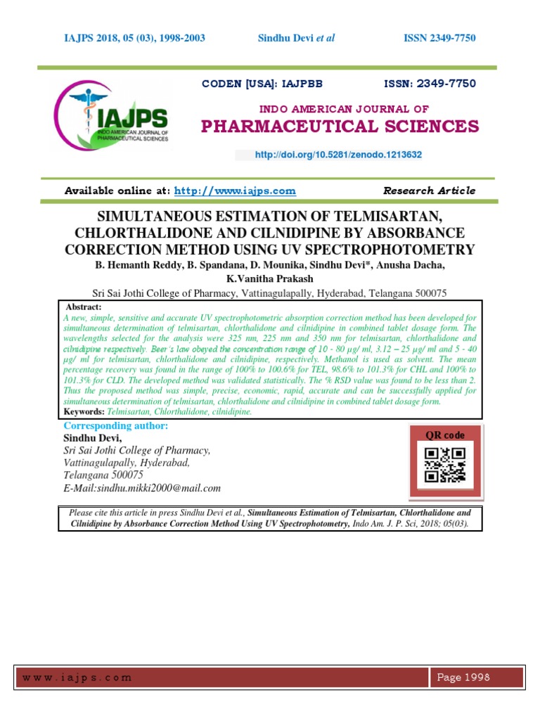 Simultaneous Estimation Of Telmisartan Chlorthalidone And Cilnidipine By Absorbance Correction