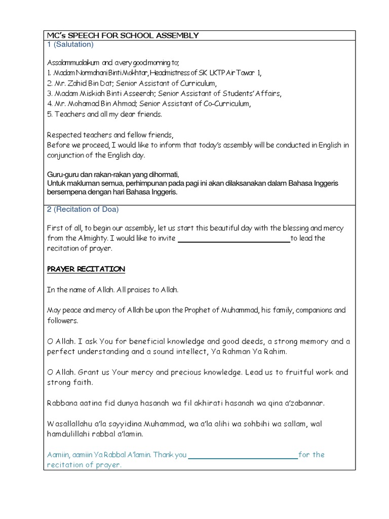 Mc Script for Morning Assembly | Religious Behaviour And Experience ...