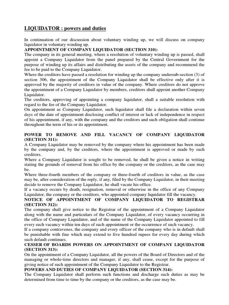 LIQUIDATOR: Powers and Duties | PDF | Liquidation | Legal Concepts