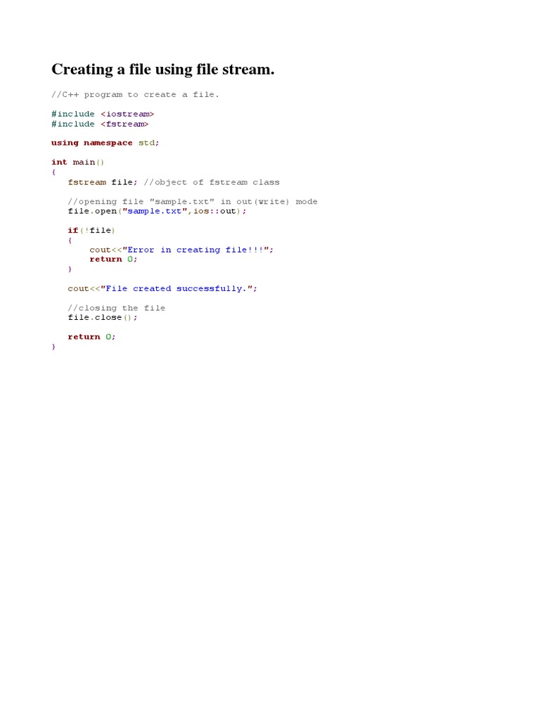 Creating A File Using File Stream Iostream Fstream Pdf