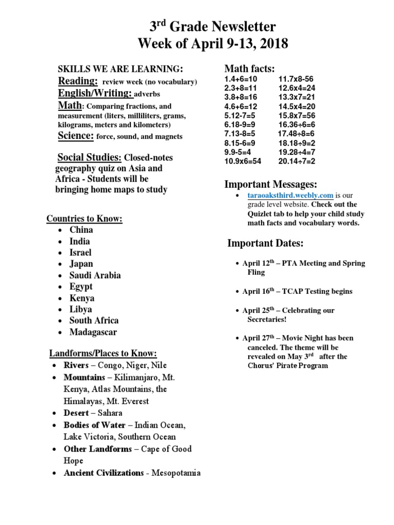 3rd Grade Weekly Newsletter: April 2018 | PDF