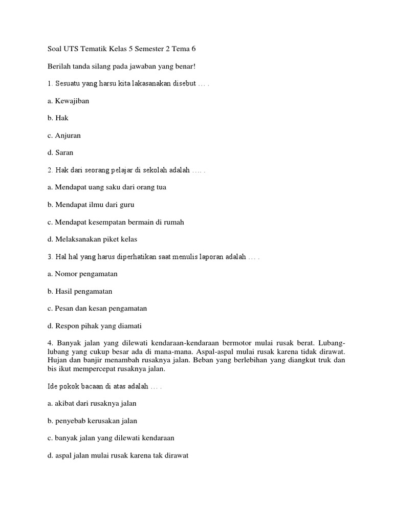 Soal UTS Tematik Kelas 5 Semester 2 Tema 6 | PDF