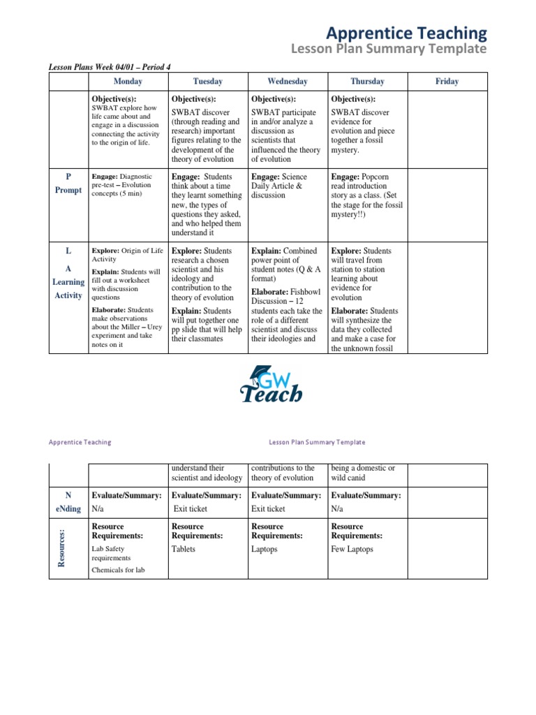 Apprentice Teaching: Lesson Plan Summary Template | Download Free PDF ...