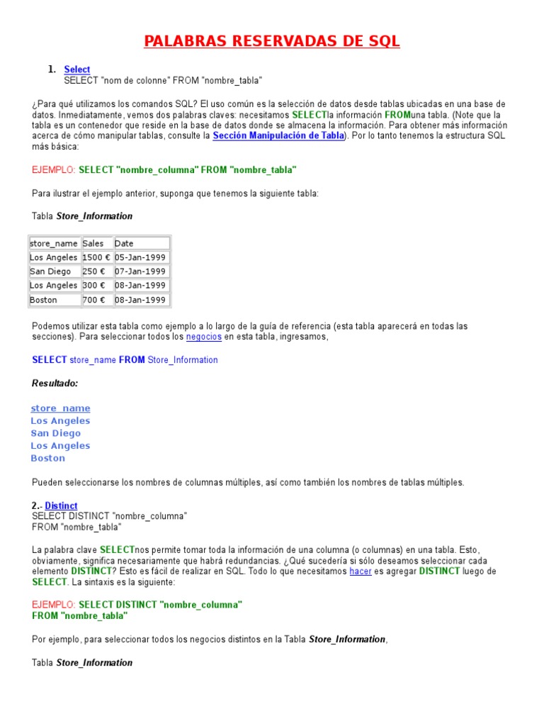Palabras Reservadas de SQL | PDF | SQL | Tabla (base de datos)
