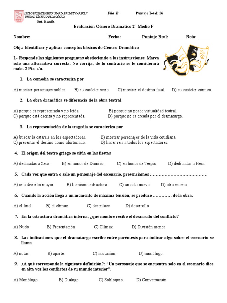 Prueba Género Dramático 2° Medio - B | PDF | Monólogo | Teatro