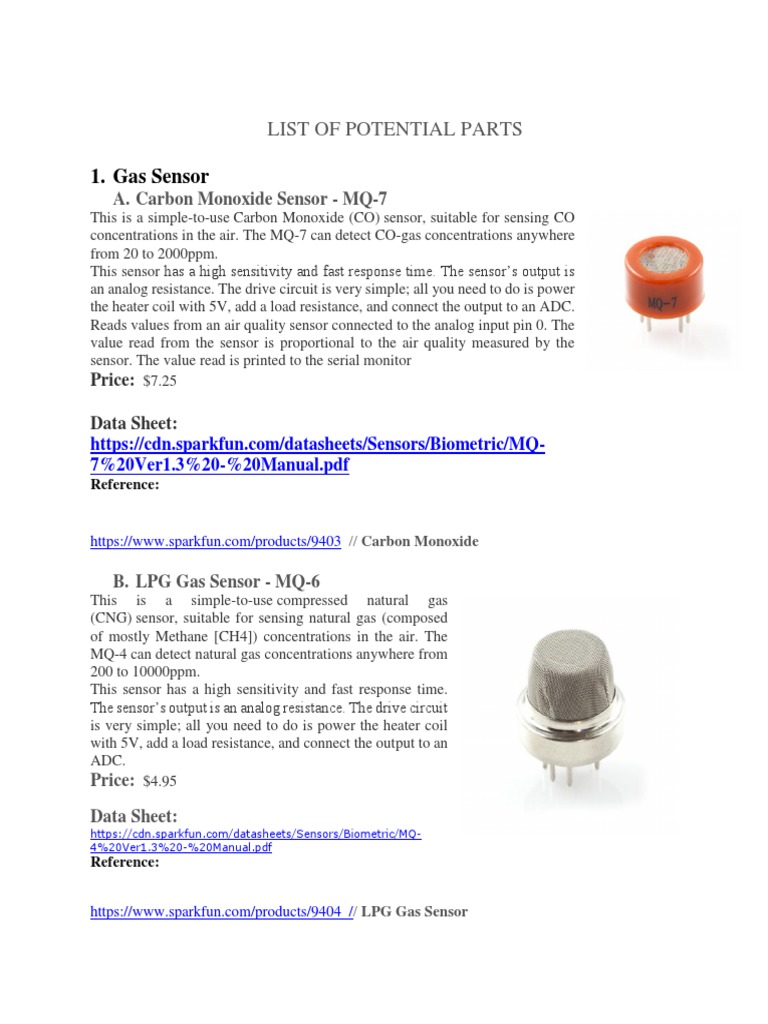 Gas Sensor: List of Potential Parts | PDF | Battery Charger | Sensor