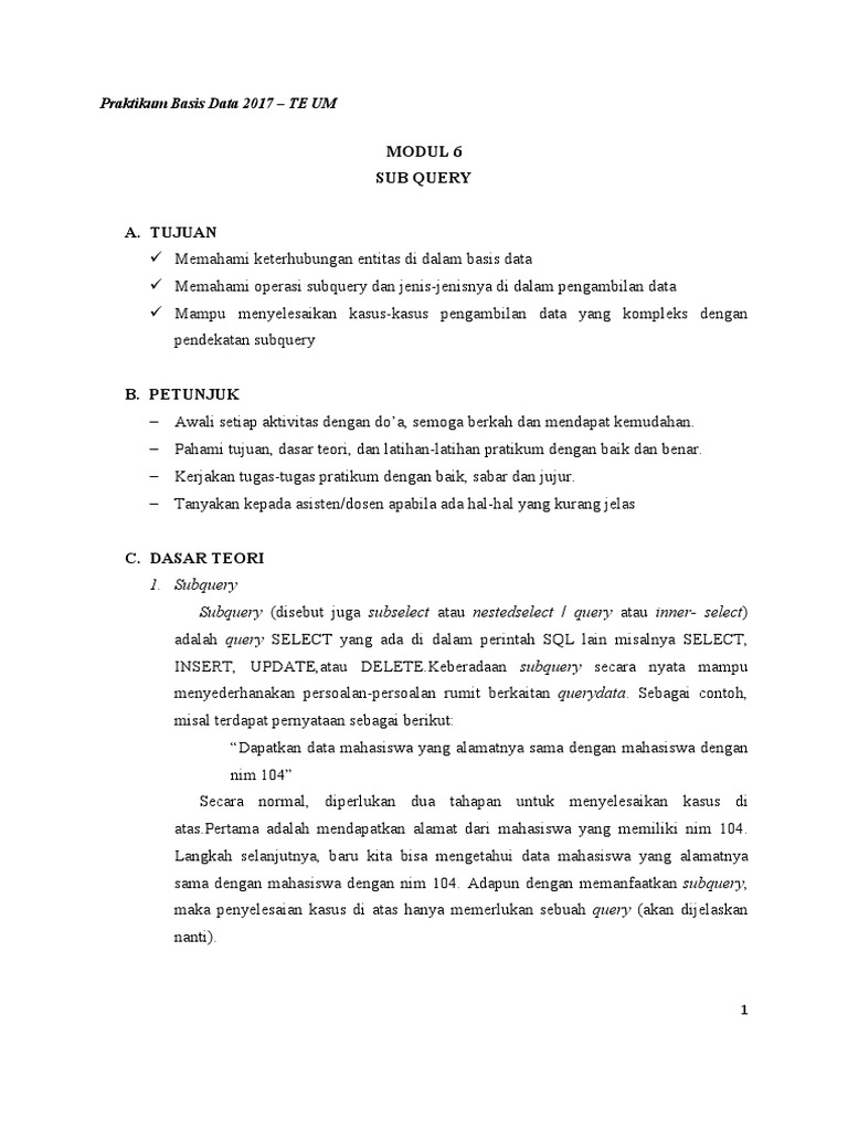 Basis Data Modul 6 Subquery | PDF