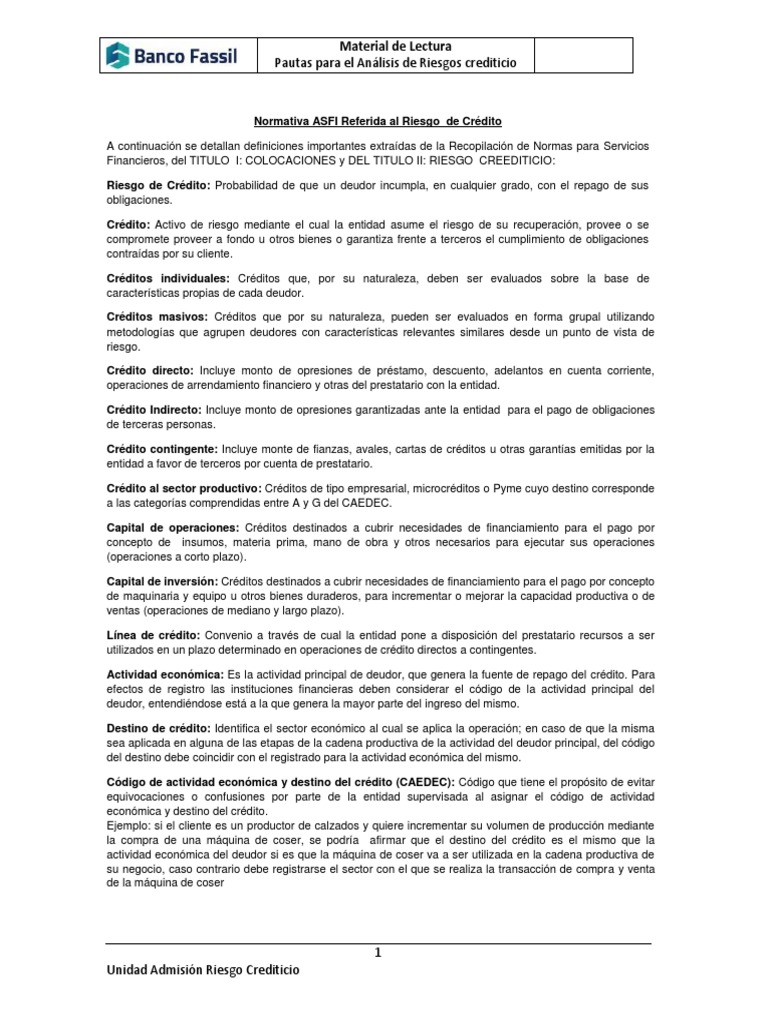2 Normativa ASFI Referida Al Riesgo de Crédito | PDF | Riesgo ...