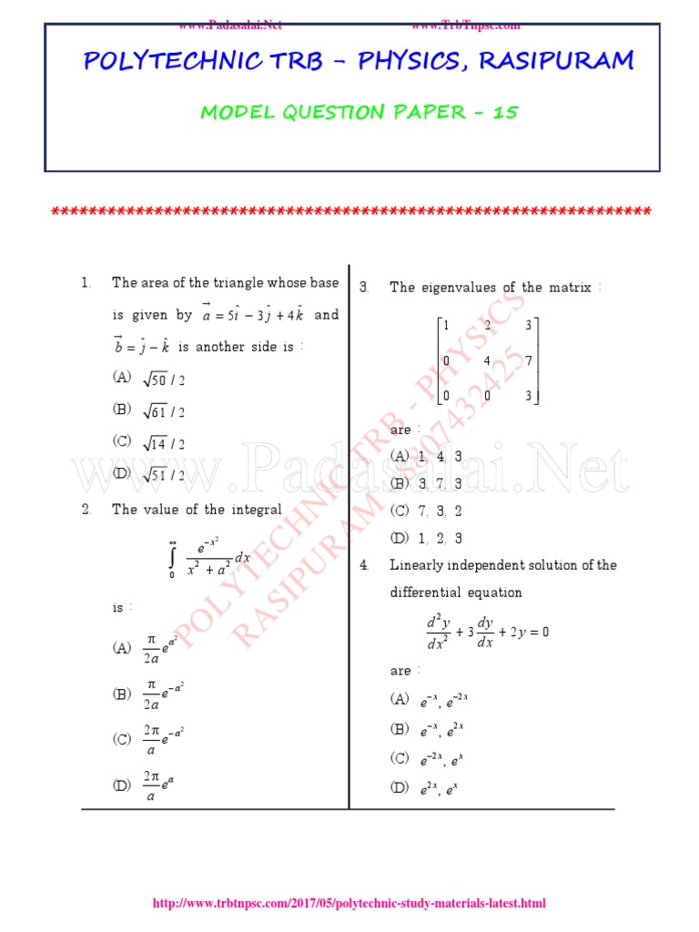 Polytechnic PGTRB Physics Model Question Paper 151 PDF | PDF | Dispersion (Optics) | Electron