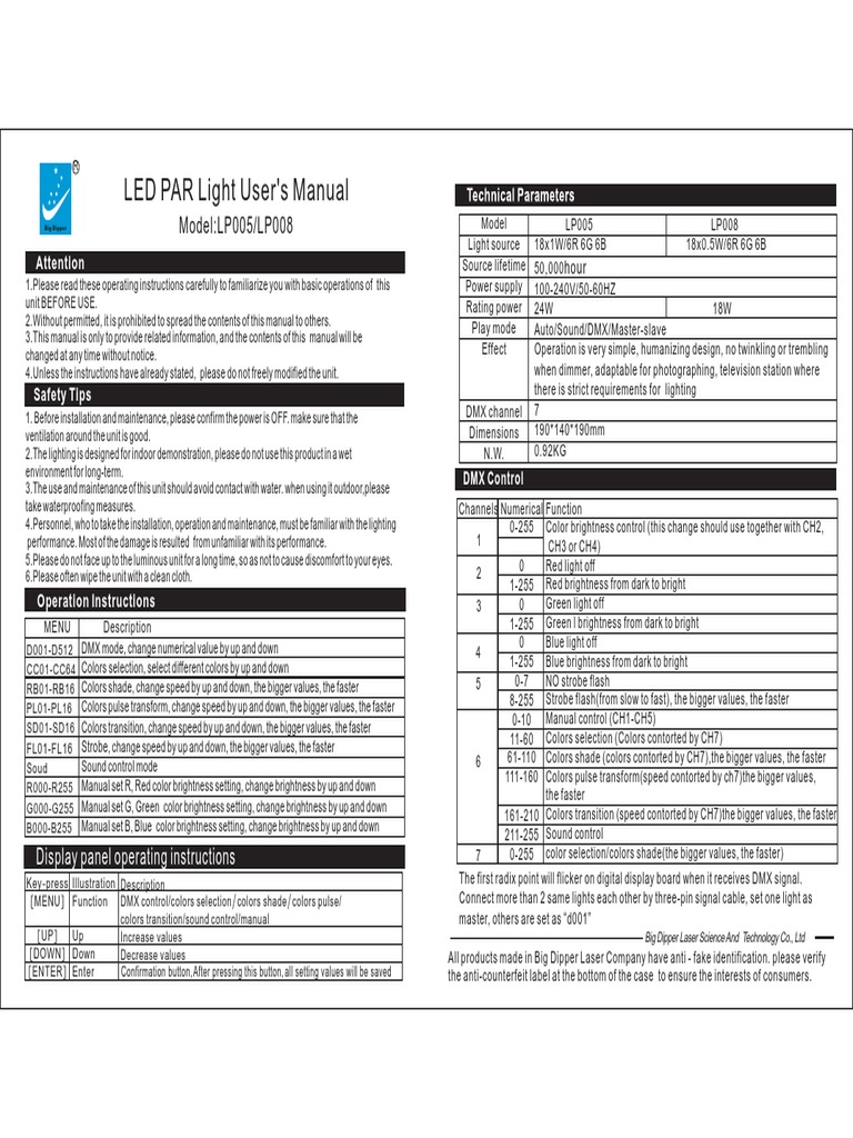 LP005 User Manual | Download Free PDF | Color | Lighting