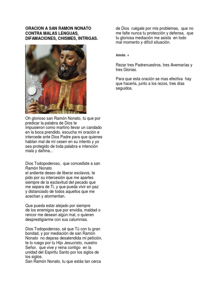 Oracion A San Ramon Nonato Contra Malas Lenguas | PDF