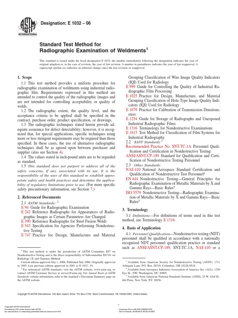 Astm e 1032-06 | PDF | Nondestructive Testing | Radiography