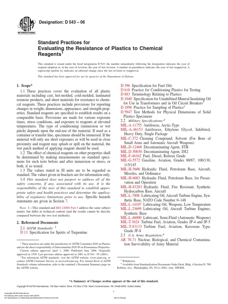 Astm D 543-06 | PDF | Sodium Hydroxide | Hydroxide