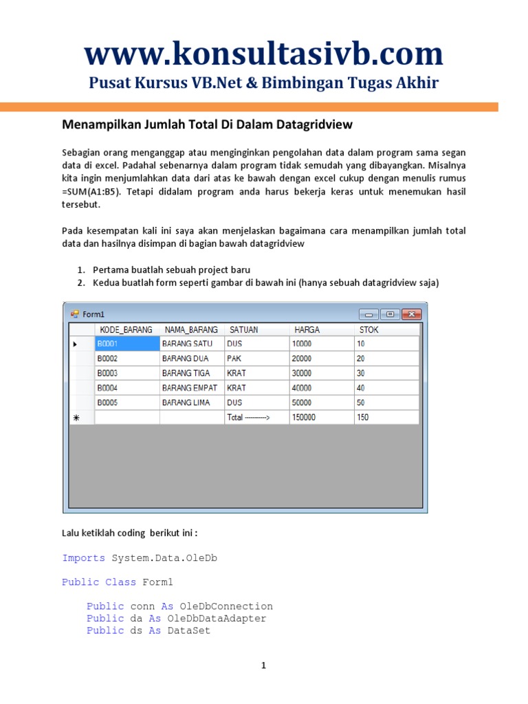 Menampilkan Jumlah Total Di Dalam Datagridview VB Net | PDF