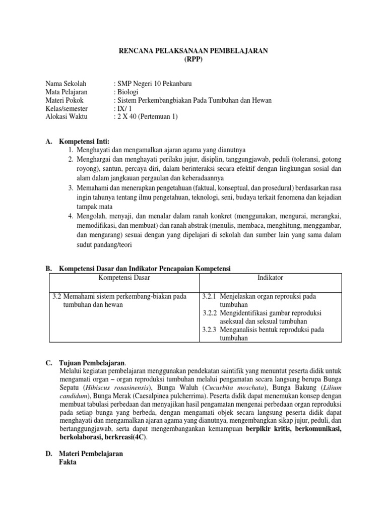 RPP Sistem Perkembangbiakan Hewan Dan Tumbuhan | PDF