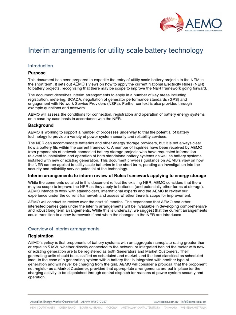 Interim Arrangements For Utility Scale Battery Technology | PDF ...