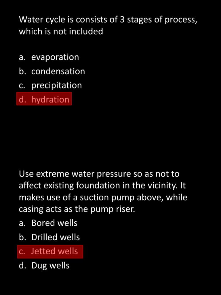 Water Cycle Stages & Plumbing Systems MCQ Practice | PDF | Pump | Water